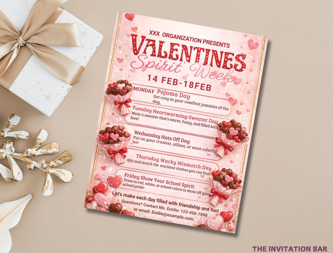 Valentines Day Spirit Week Flyer Editable | School Spirit Week Schedule ...