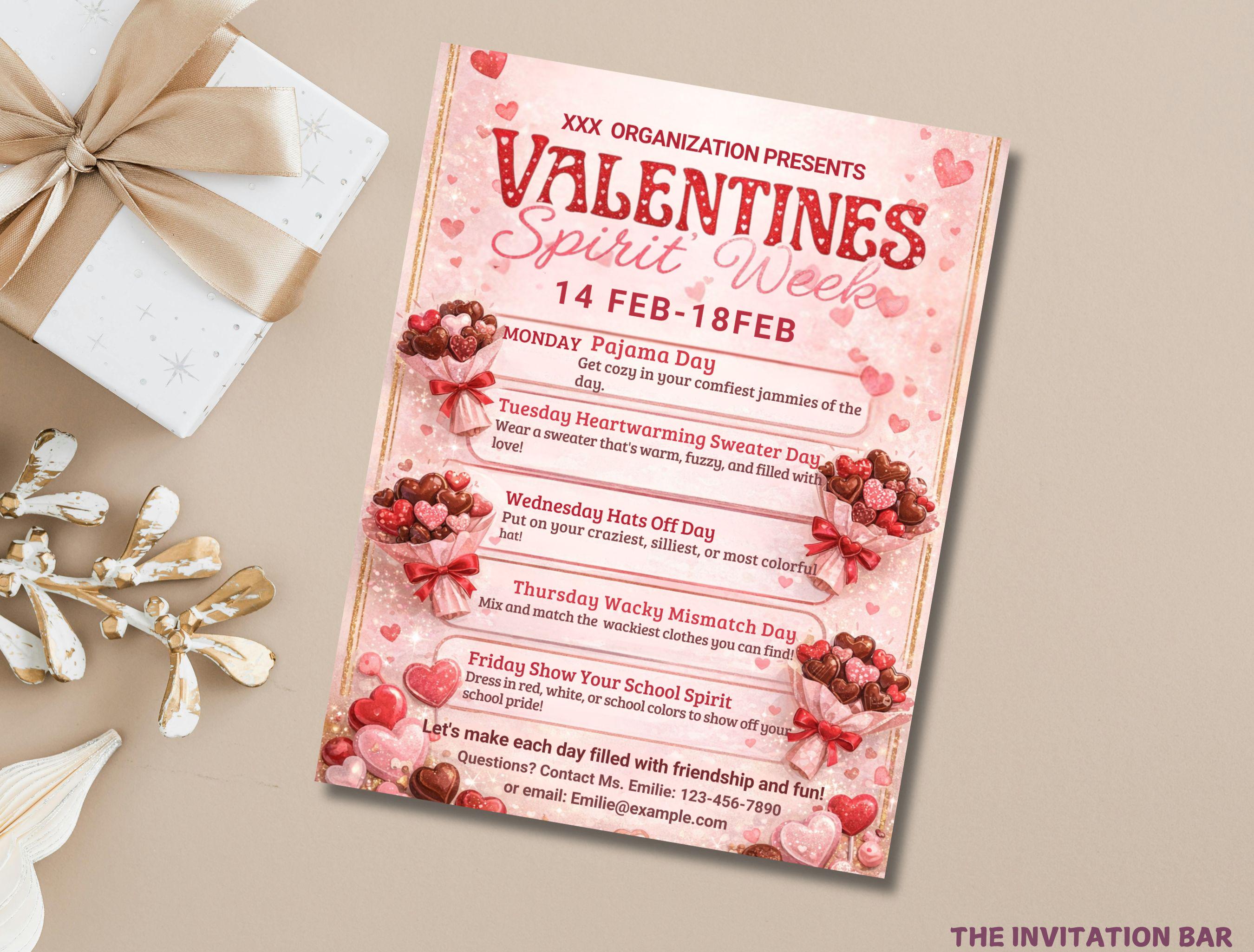 Valentines Day Spirit Week Flyer Editable | School Spirit Week Schedule ...