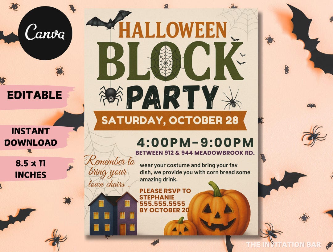 Editable Halloween Block Party Flyer Template | Canva Neighborhood ...