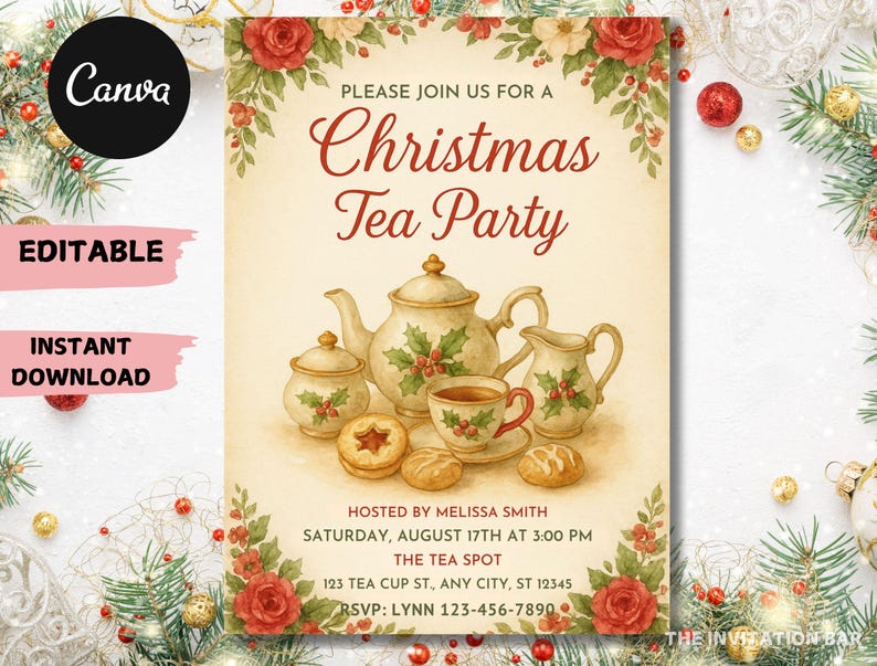 Editable Christmas Tea Party Invitation: Holiday Printable (digital ...