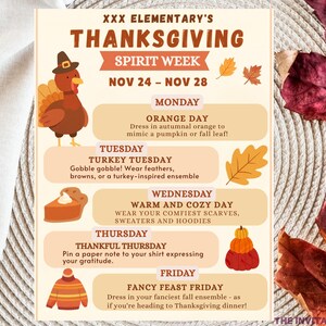 Thanksgiving Spirit Week Flyer: Editable School Template (digital ...