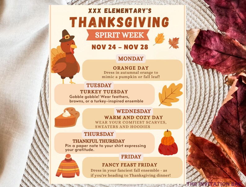 Thanksgiving Spirit Week Flyer: Editable School Template (digital ...