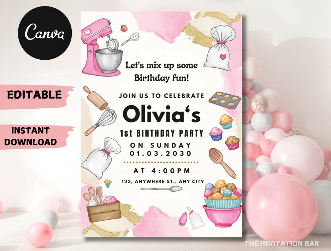 Editable Baking Birthday Invitation Template: Pink Kitchen Party ...