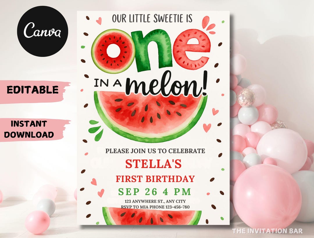 Editable Watermelon First Birthday Invitation: Pink Summer Party (5x7 ...