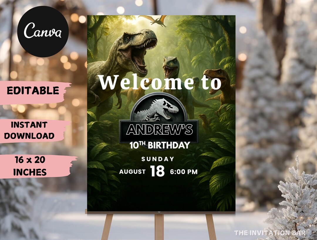 Dinosaur Birthday Welcome Sign Printable, Editable Canva Template ...