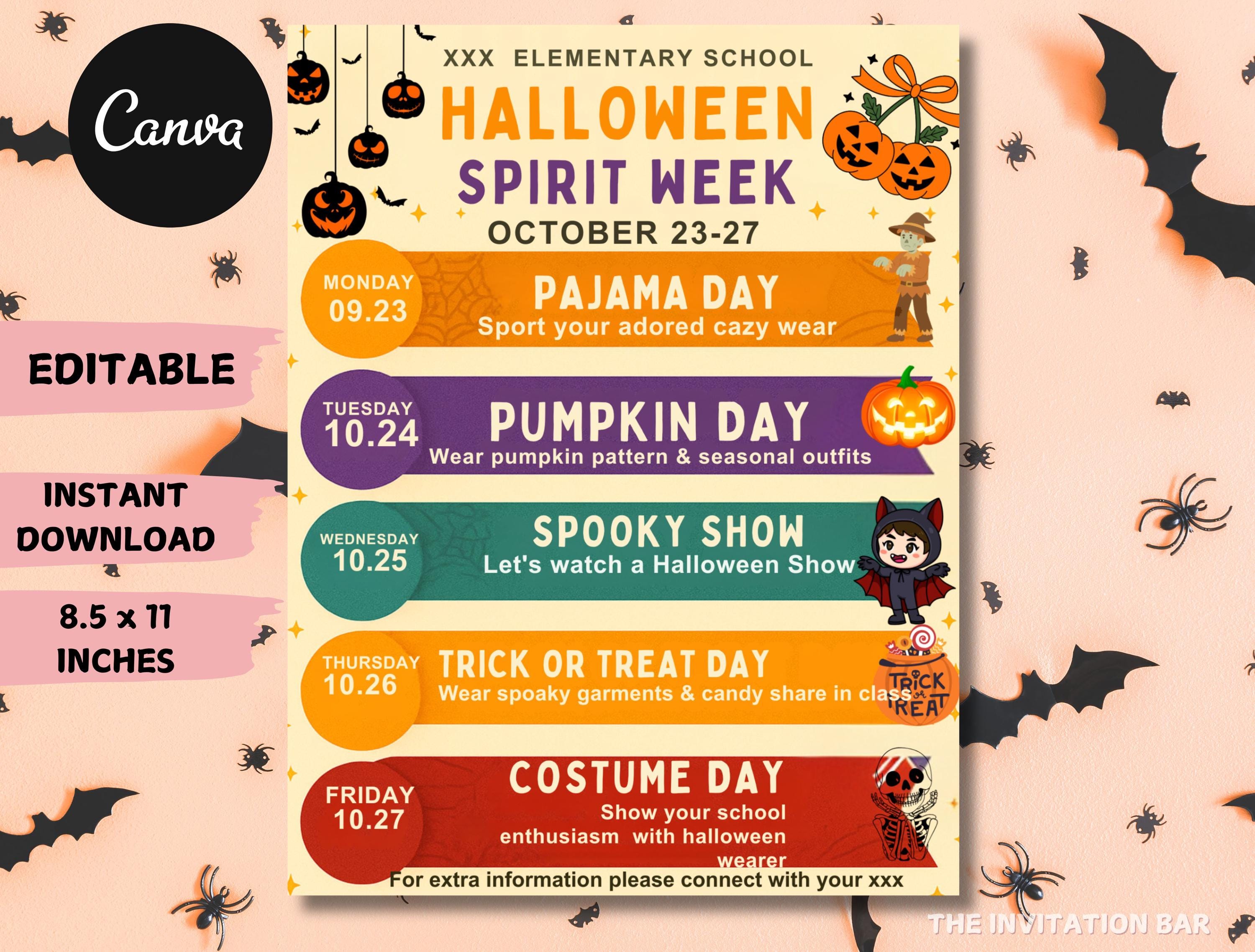 Editable Halloween Spirit Week Flyer: School Events Itinerary (canva ...