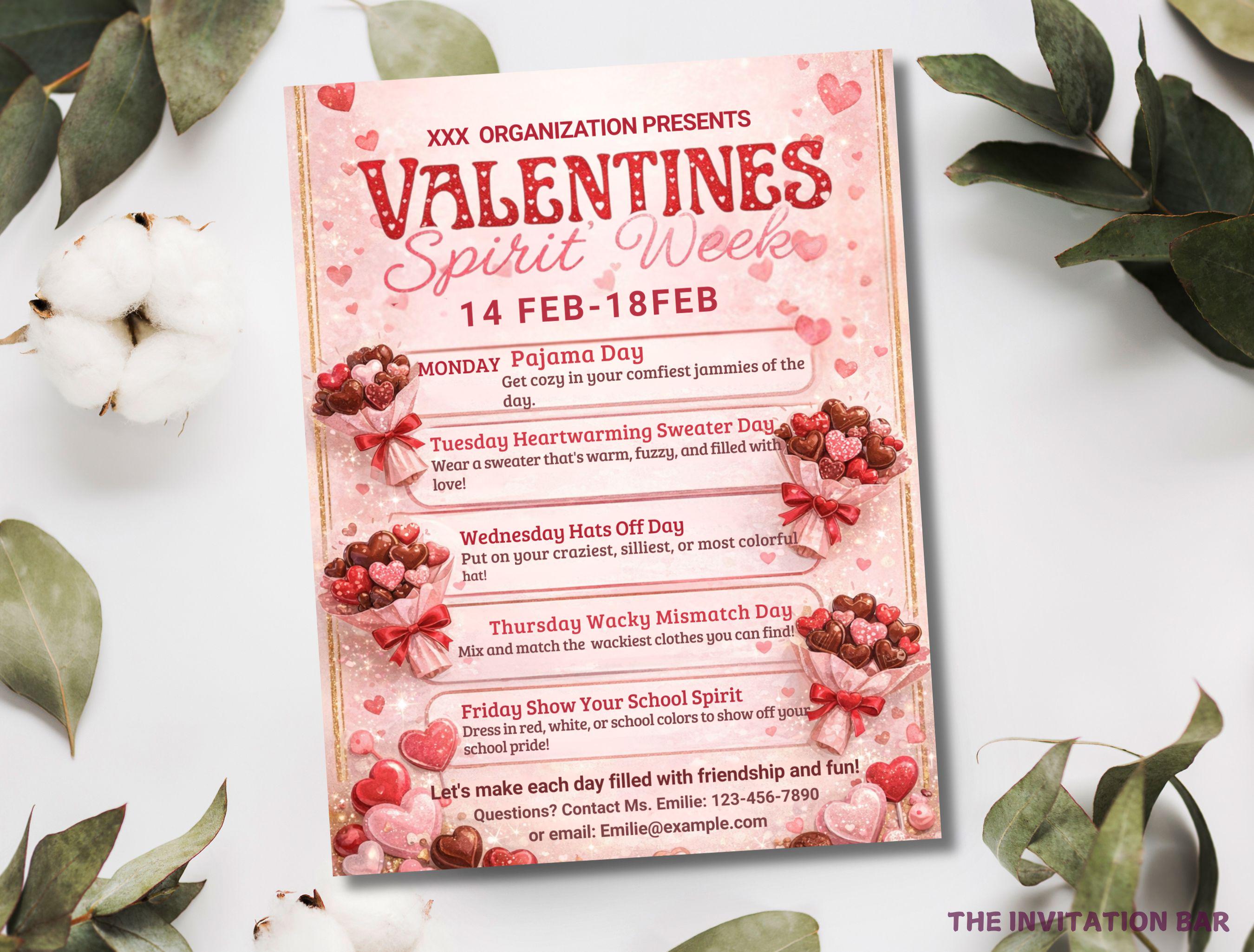 Valentines Day Spirit Week Flyer Editable | School Spirit Week Schedule ...