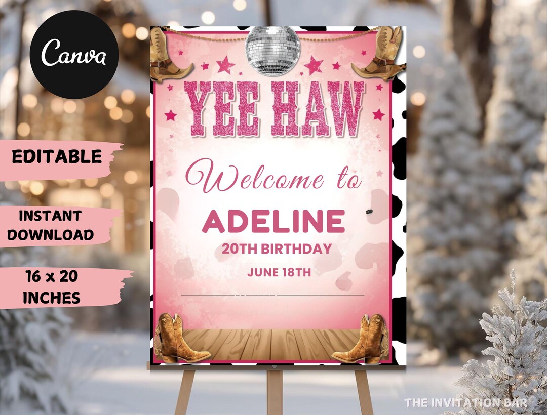 Editable Space Cowgirl Welcome Sign Disco Cowgirl Birthday Door Sign ...