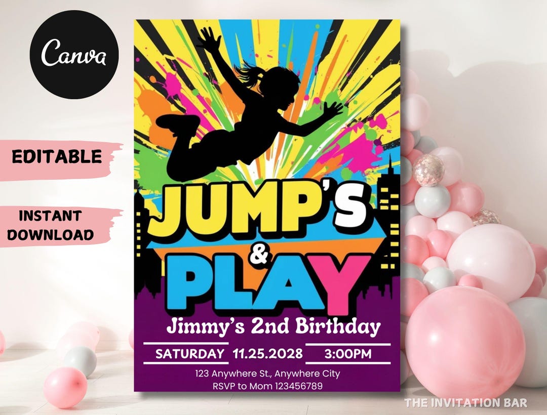 Jump Invitation Jump Birthday Invite Trampoline Party Editable Bounce ...