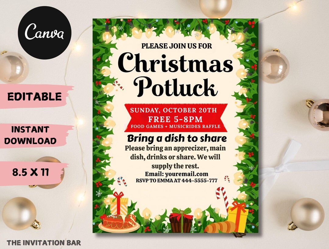 Editable Christmas Potluck Flyer Template, Holiday Potluck Party, Canva ...