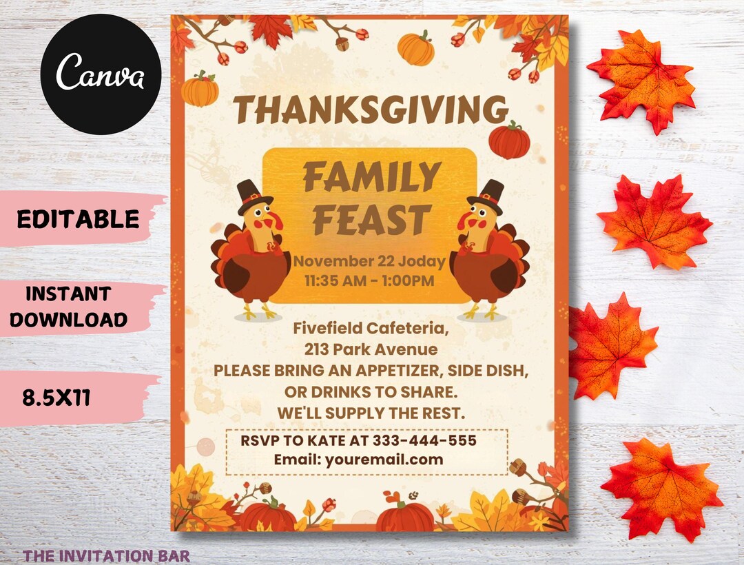 Thanksgiving Family Feast Flyer: Editable Canva Invite (8.5x11 ...