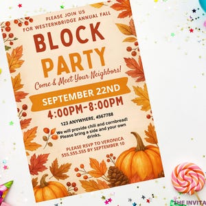 Fall Block Party Flyer Editable Template for Autumn Neighborhood Party ...