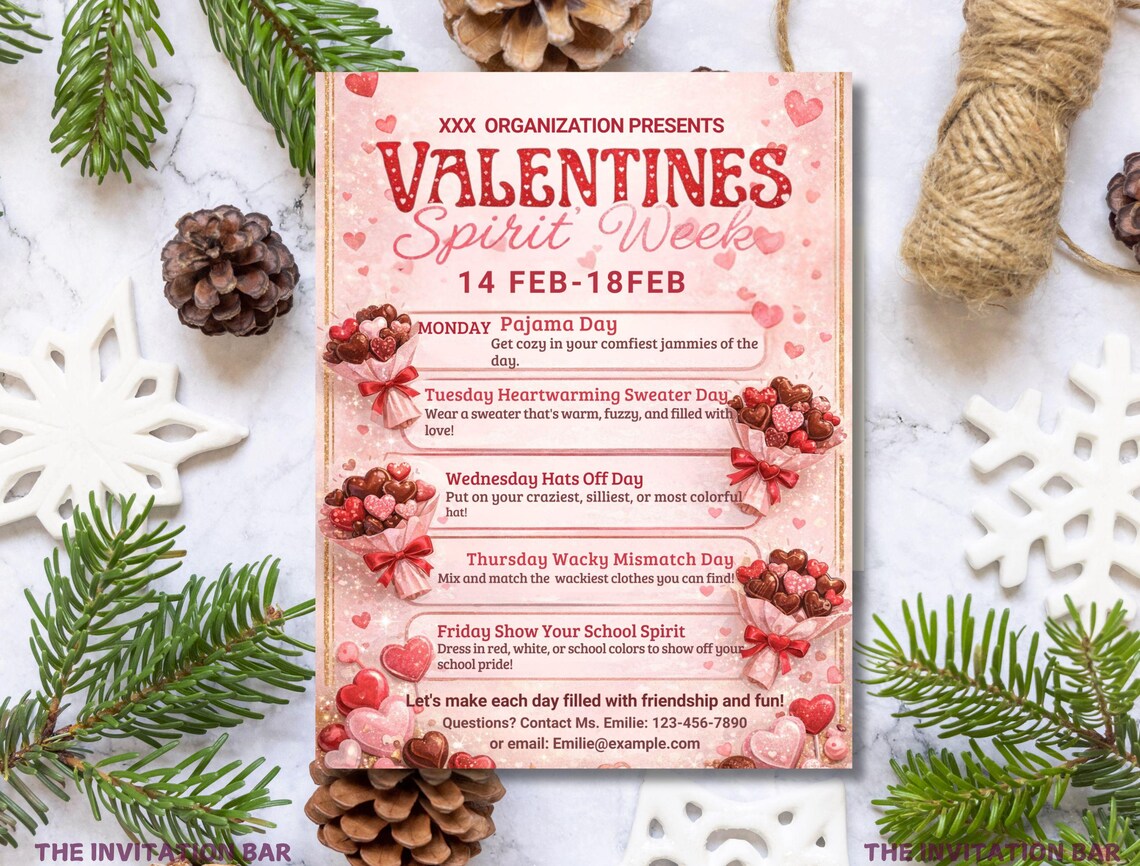 Valentines Day Spirit Week Flyer Editable | School Spirit Week Schedule ...