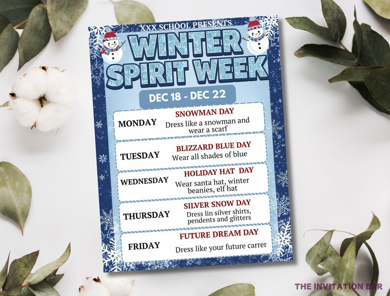 Winter Wonderland Spirit Week Flyer, School Dress up Days (canva ...