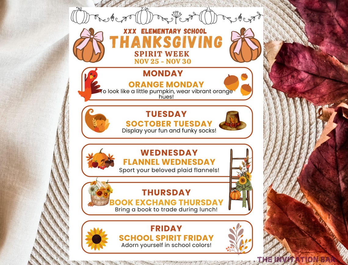 Thanksgiving School Spirit Week Flyer: Editable PTA/PTO Itinerary ...