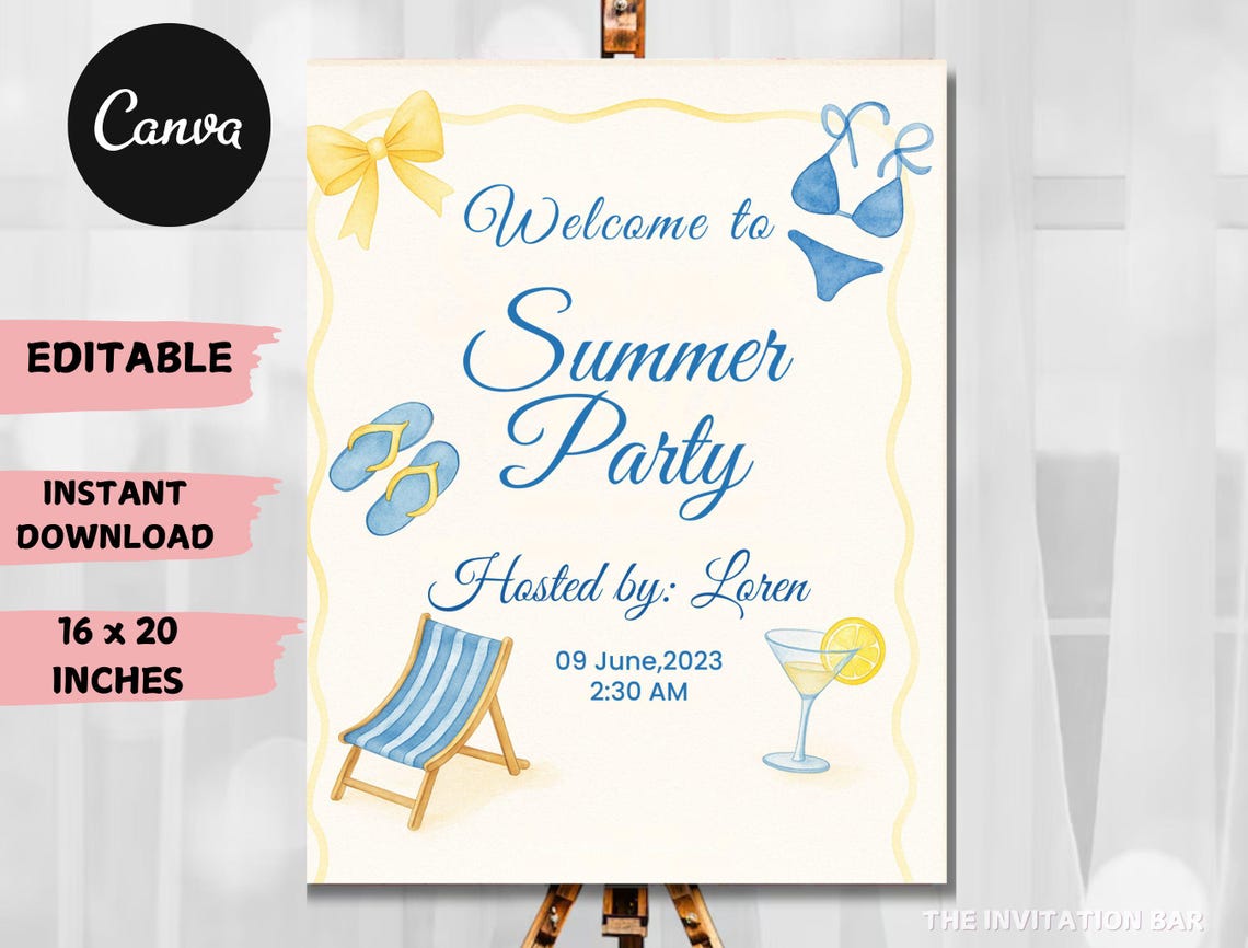 Summer Party Welcome Sign: Hand-drawn Beach Soiree Poster (digital ...
