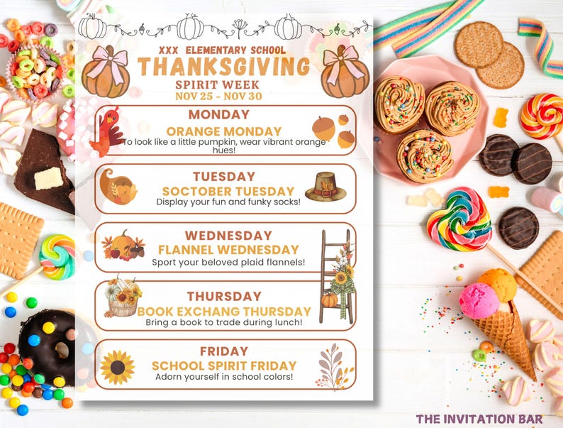Thanksgiving School Spirit Week Flyer: Editable PTA/PTO Itinerary ...