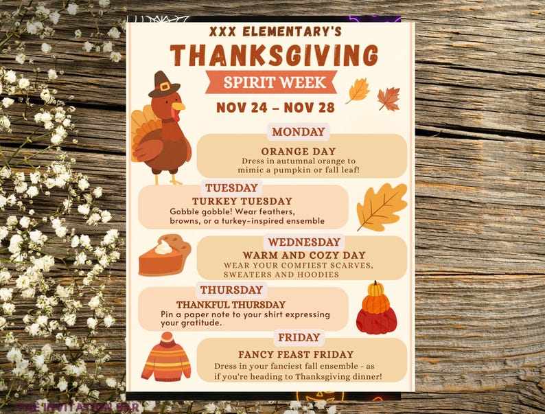 Thanksgiving Spirit Week Flyer: Editable School Template (digital ...