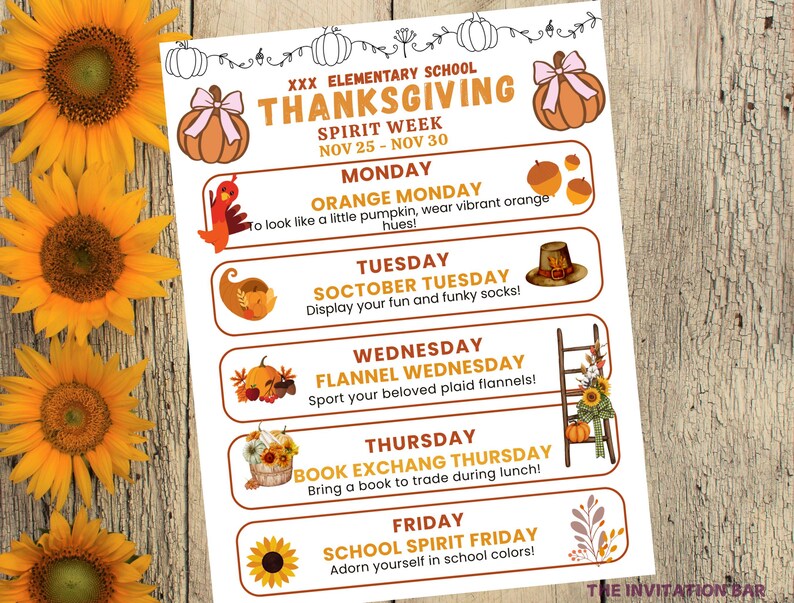 Thanksgiving School Spirit Week Flyer: Editable PTA/PTO Itinerary ...
