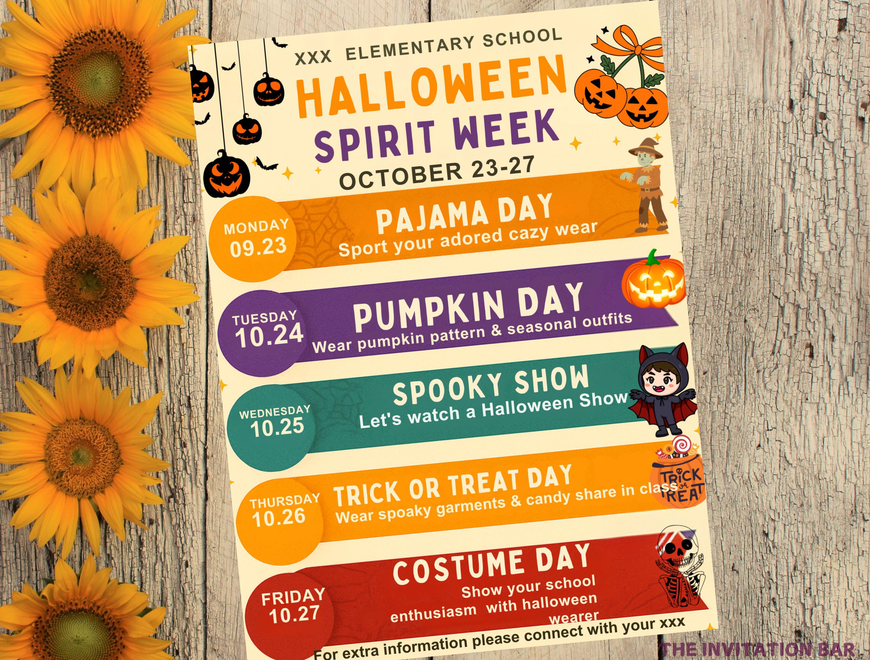 Editable Halloween Spirit Week Flyer: School Events Itinerary (canva ...