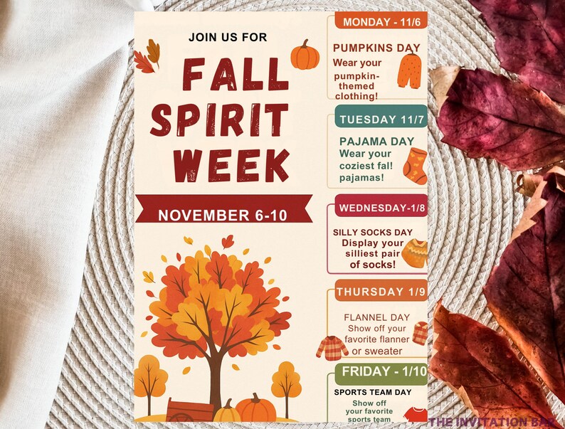 Editable Fall Spirit Week Flyer: Autumn School Event Itinerary (canva ...
