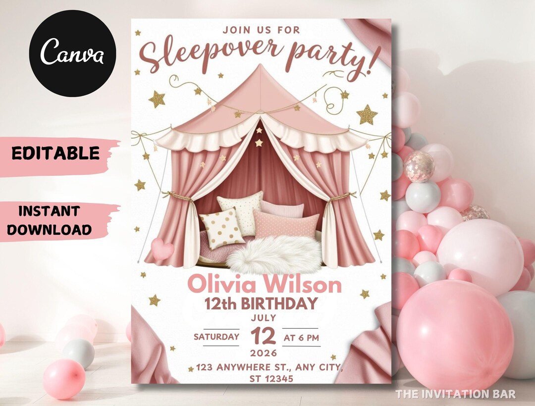Sleepover Birthday Minimalist Invitation Set Slumber Party Invite Girl ...