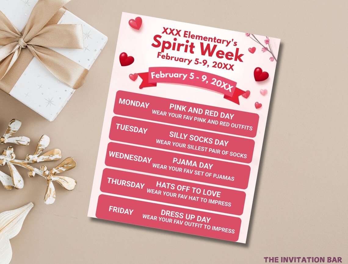 Valentines Day Spirit Week Flyer Editable | School Spirit Week Schedule ...