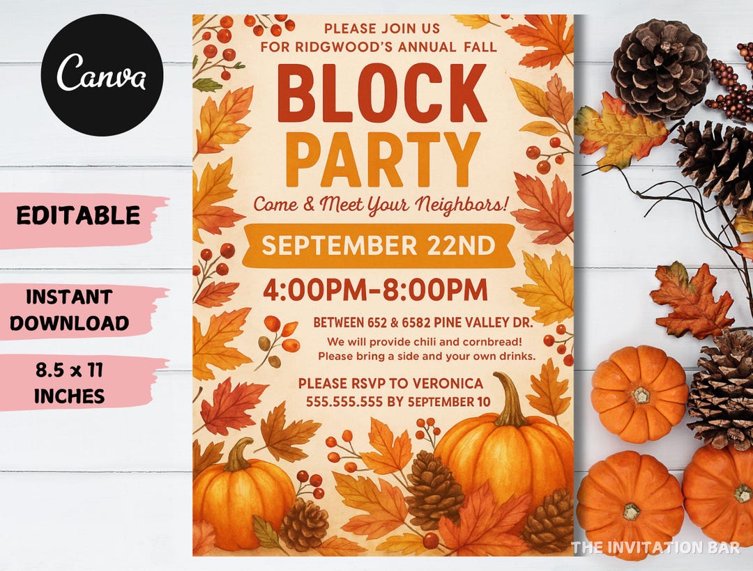 Fall Block Party Flyer Editable Template for Autumn Neighborhood Party ...