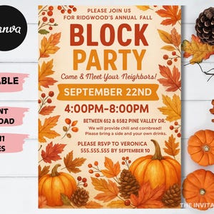 Fall Block Party Flyer Editable Template for Autumn Neighborhood Party ...