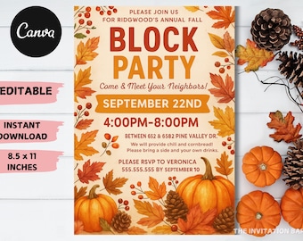 Fall Block Party Flyer Editable Template for Autumn Neighborhood Party ...