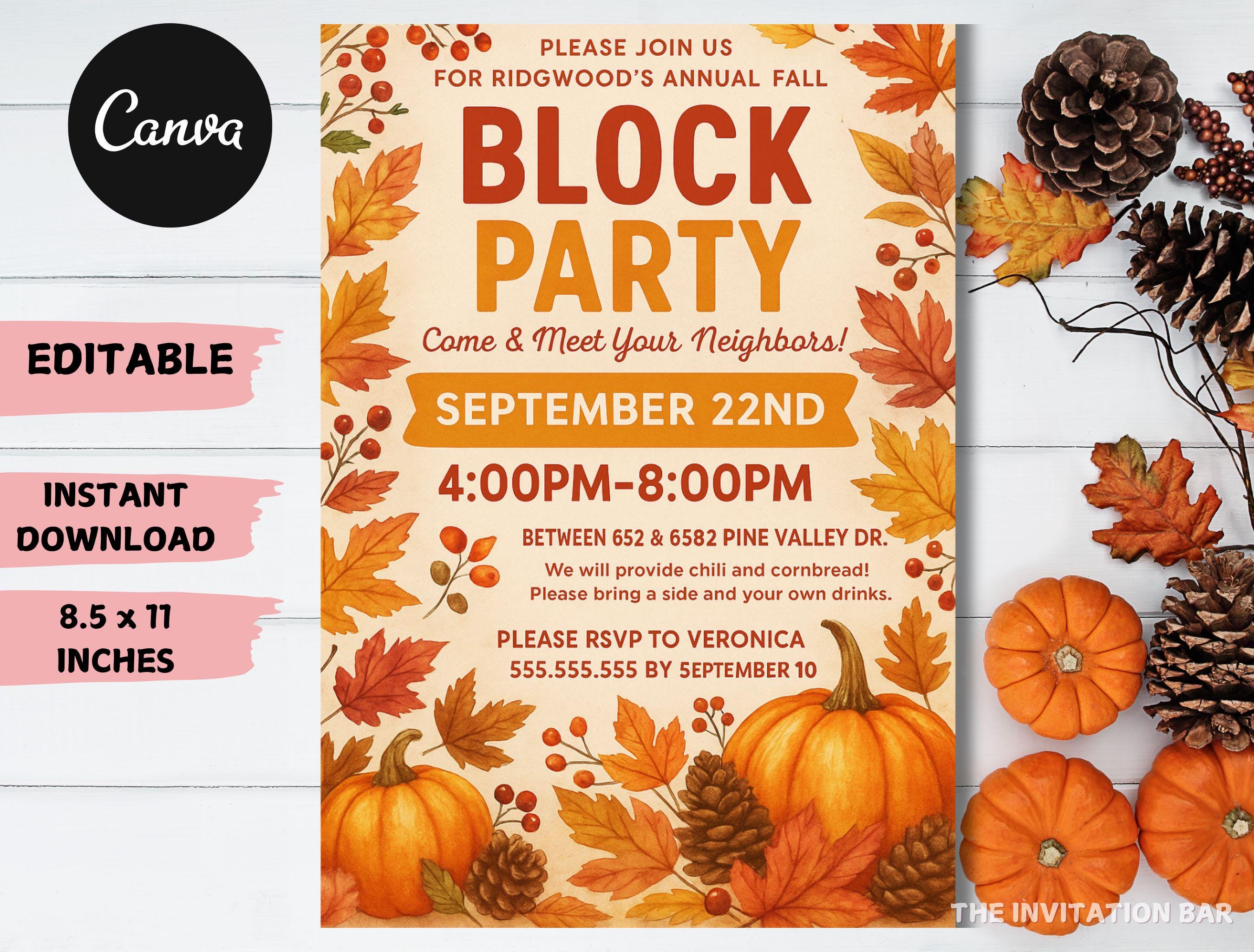 Fall Block Party Flyer Editable Template for Autumn Neighborhood Party ...