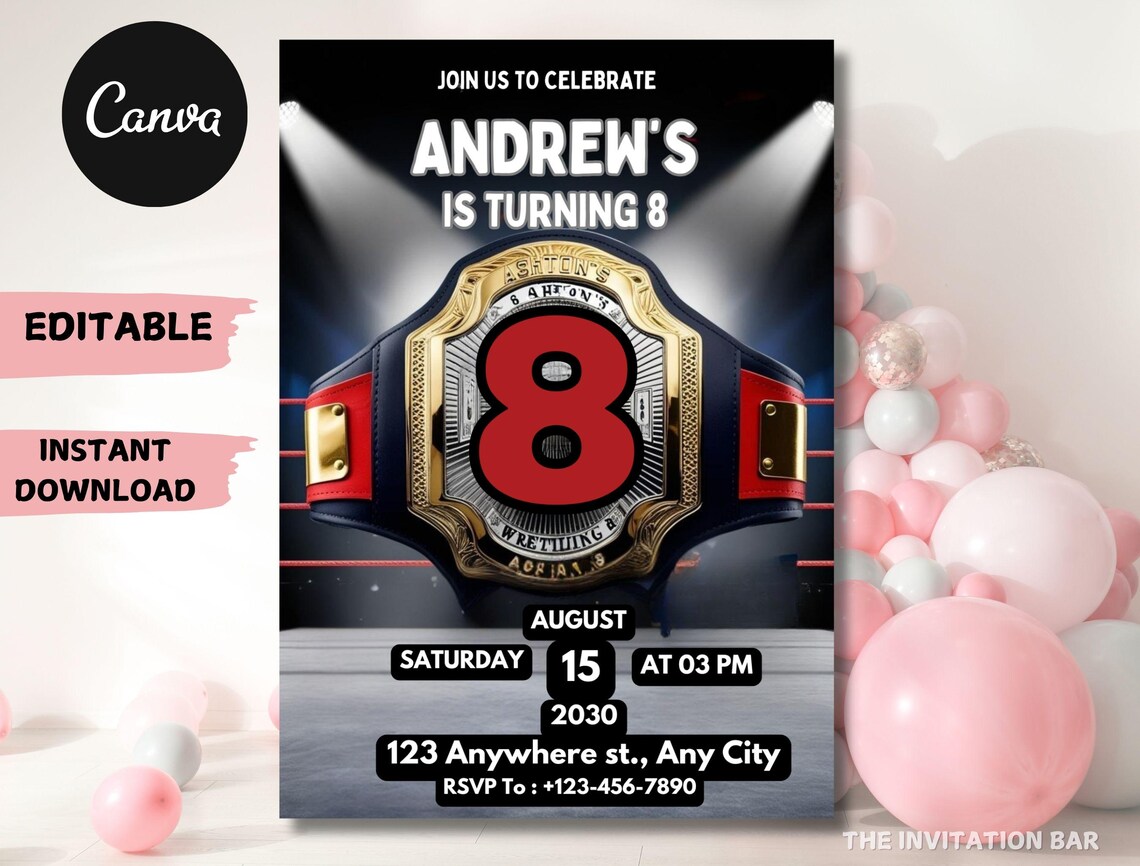 Wrestling Birthday Invitation: Championship Belt Ticket (digital ...