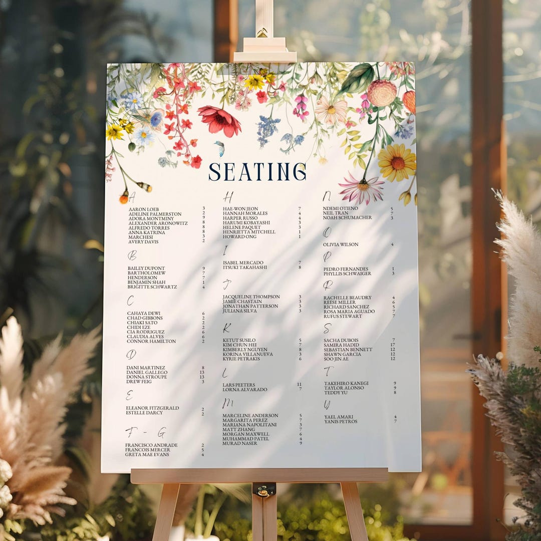 Wildflower Wedding Seating Chart Template, Alphabetical Find Your Seat ...