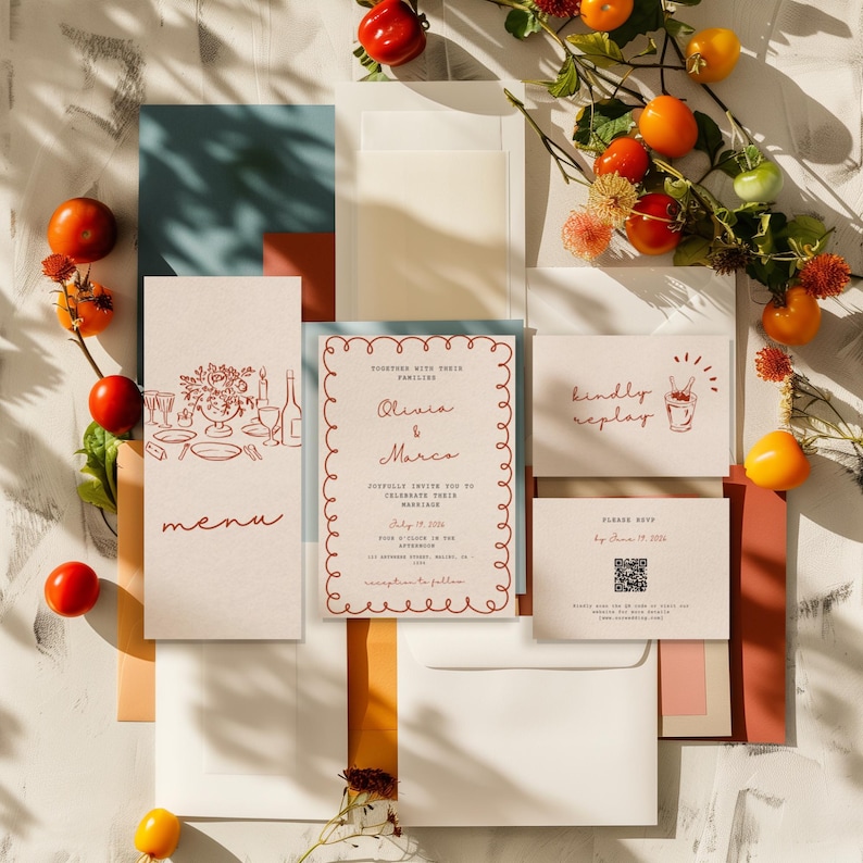Hand Draw Wedding Invitation Suite, Whimsical Invite Set With RSVP ...