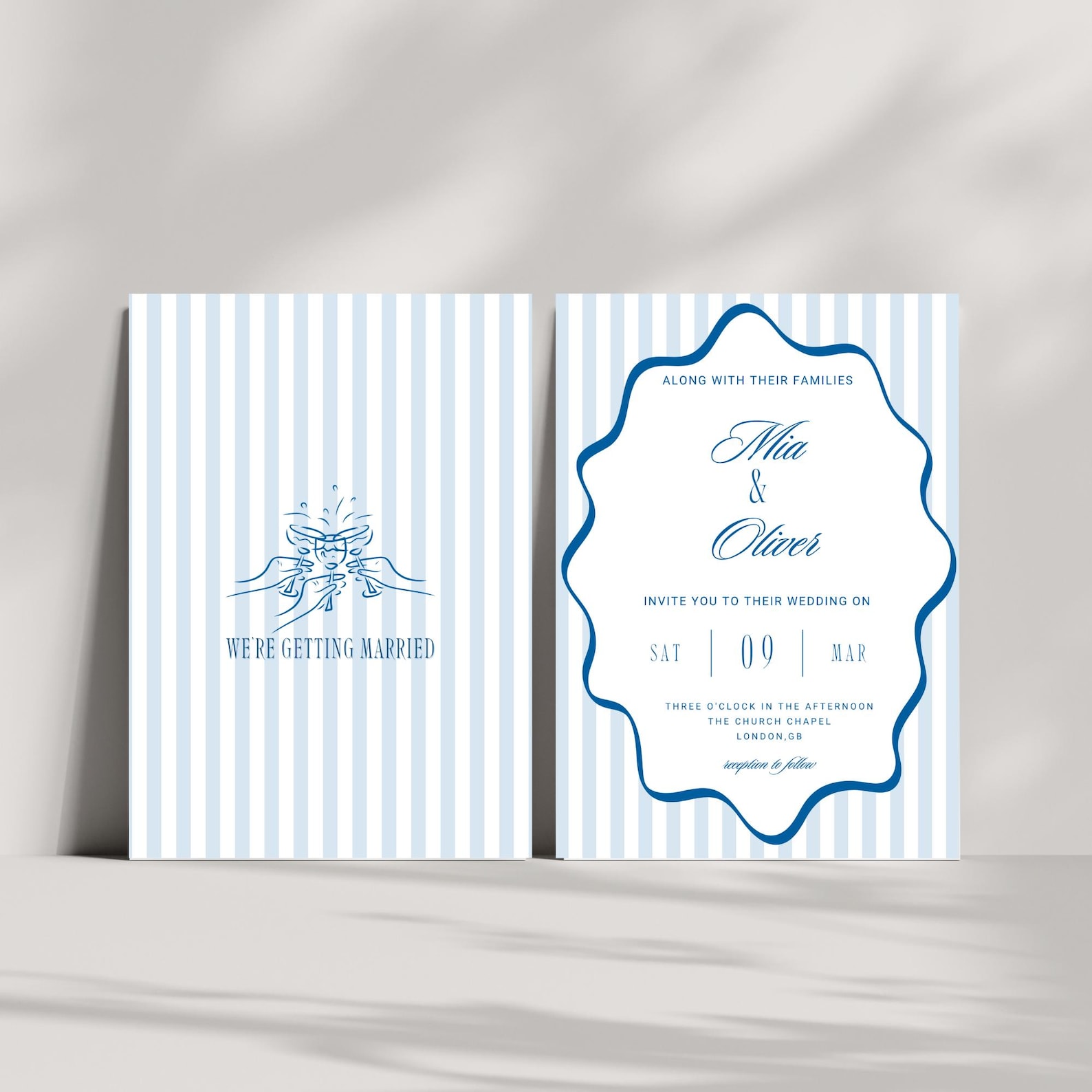 Retro Blue Stripes Wedding Invitation Suite, Hand Draw Invite Set With ...
