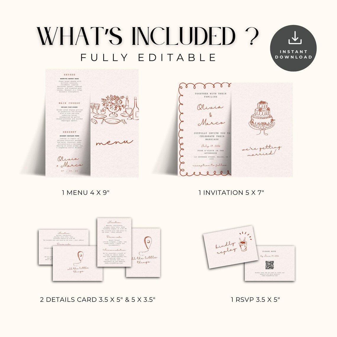 Hand Draw Wedding Invitation Suite, Whimsical Invite Set With RSVP ...