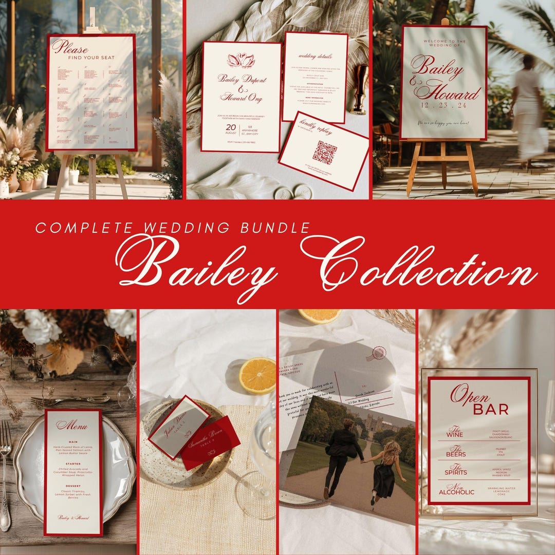 Red Wedding Sign Bundle, Vintage Elegant Wedding Templates Set, Luxury ...