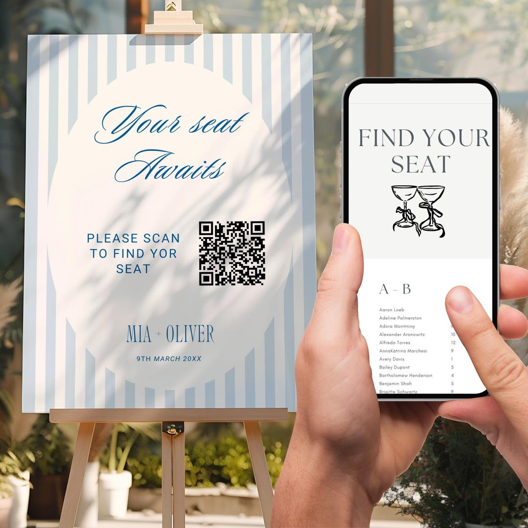 Digital Seating Chart With QR Code Template, Retro Blue Wedding ...