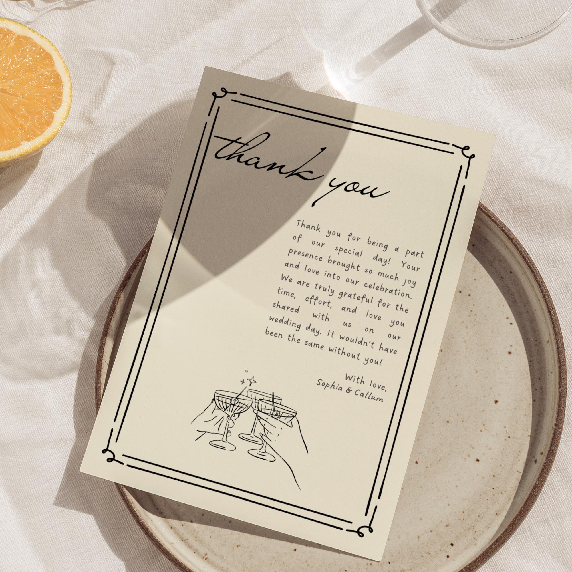Yellow Thank You Card, Hand Draw Whimsical Wedding Gratitude Note ...