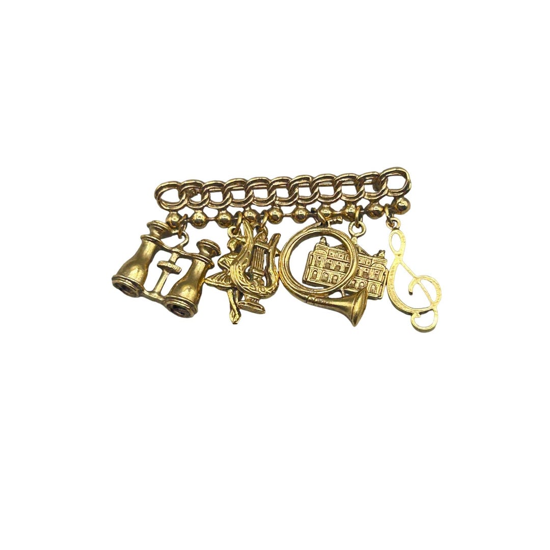 Vintage Musical Theater Opera Charms Pin Brooch Loaded Charms Gold Tone ...