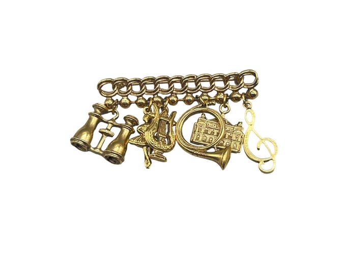 Vintage Musical Theater Opera Charms Pin Brooch Loaded Charms Gold Tone ...