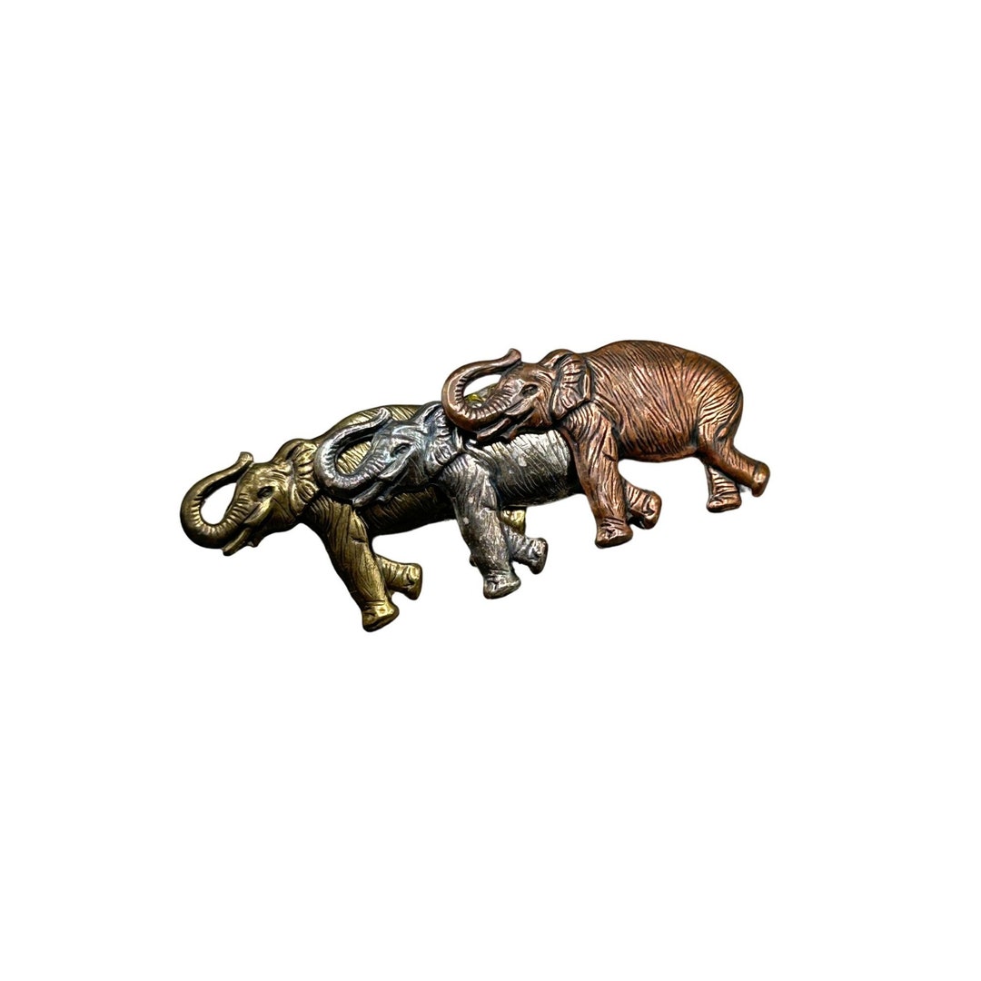 Vintage Elephants Pin Brooch Tri-color Metal Copper Brass Silver Color ...