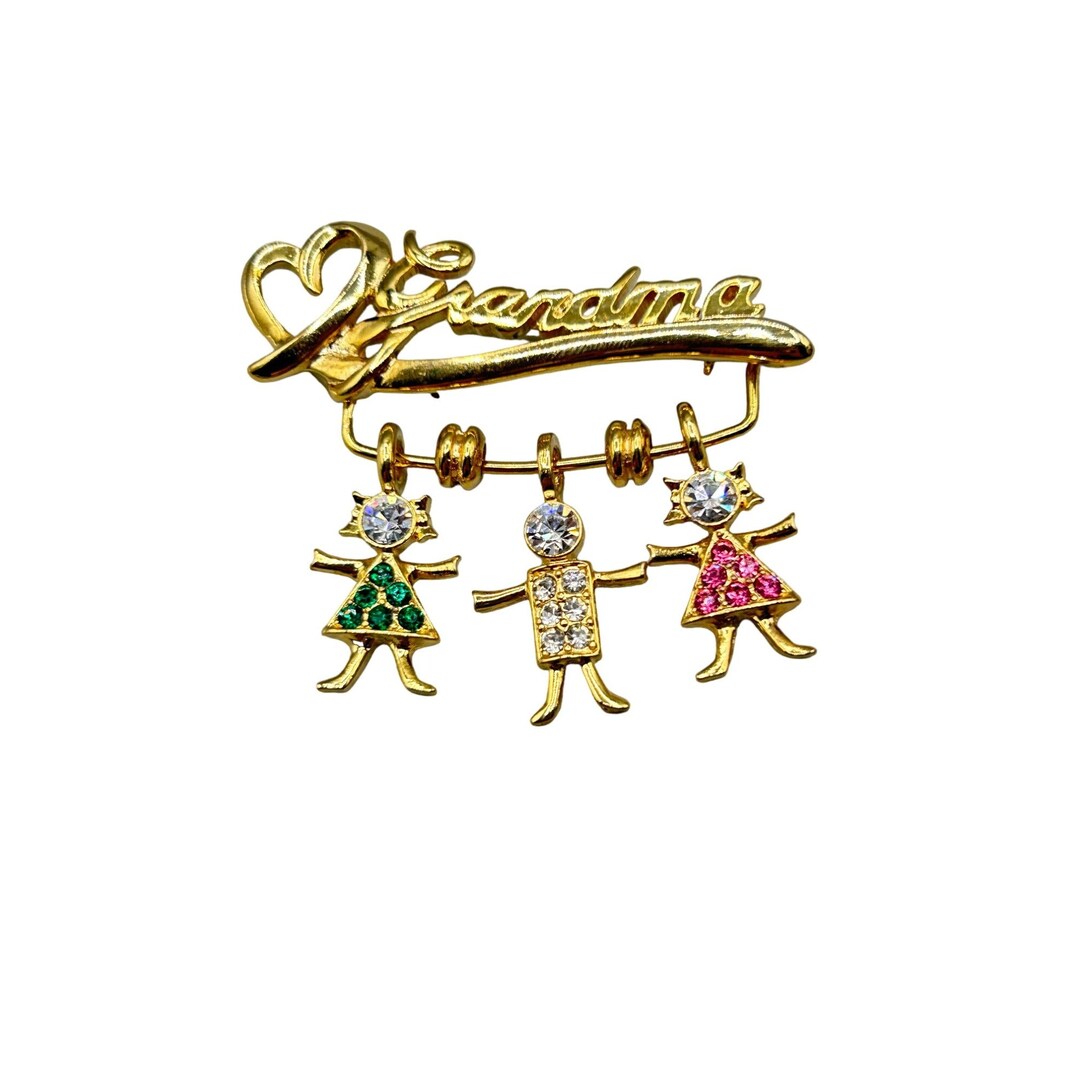 Vintage Grandma Charm Holder Pin Brooch 3 Children Charms K.I.S. Gold ...