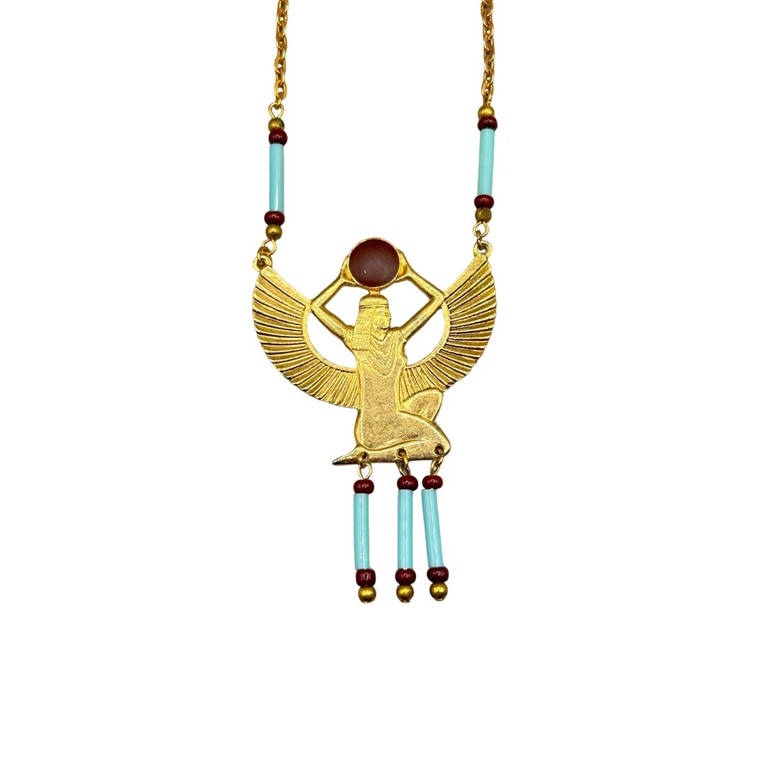 Egyptian Goddess Isis Necklace Gold Tone Turquoise Beads Statement ...