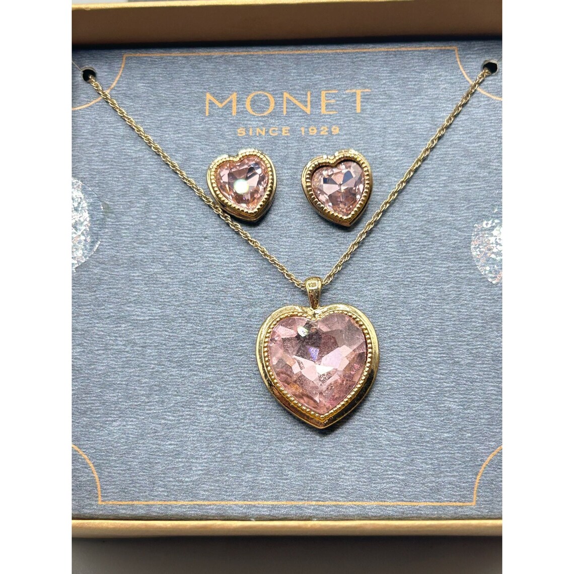MONET Jewelry Set Pink Heart Necklace and Studs Earrings Set Gold Tone ...