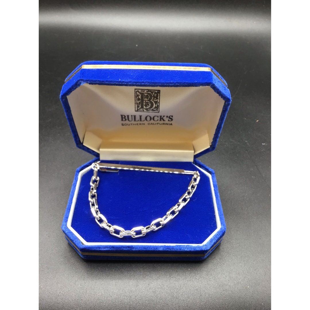 Vintage Bullock's Tie Bar Chain Silver Tone in Original Blue Box New ...