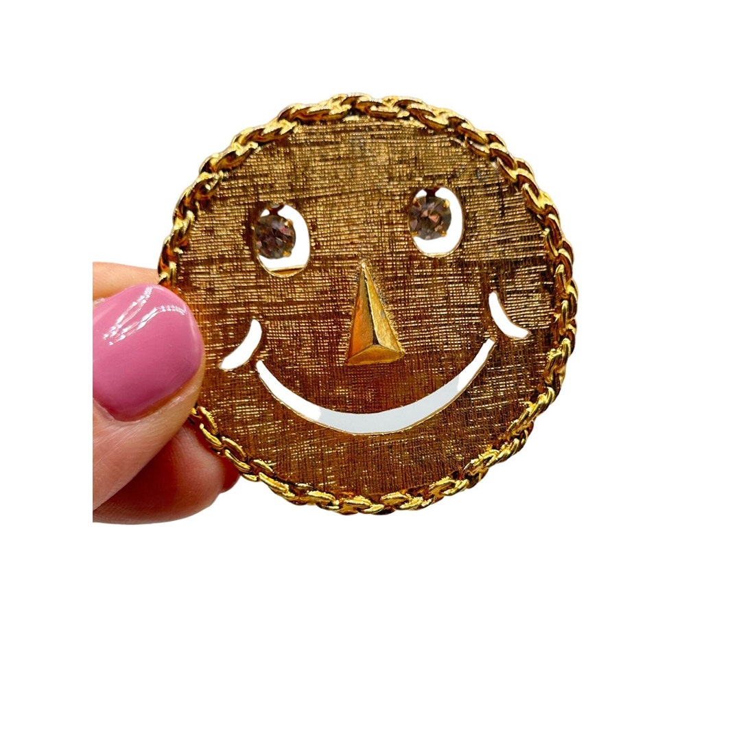 Vintage Smiley Face Pin Brooch and Pendant Gold Tone Metal With ...
