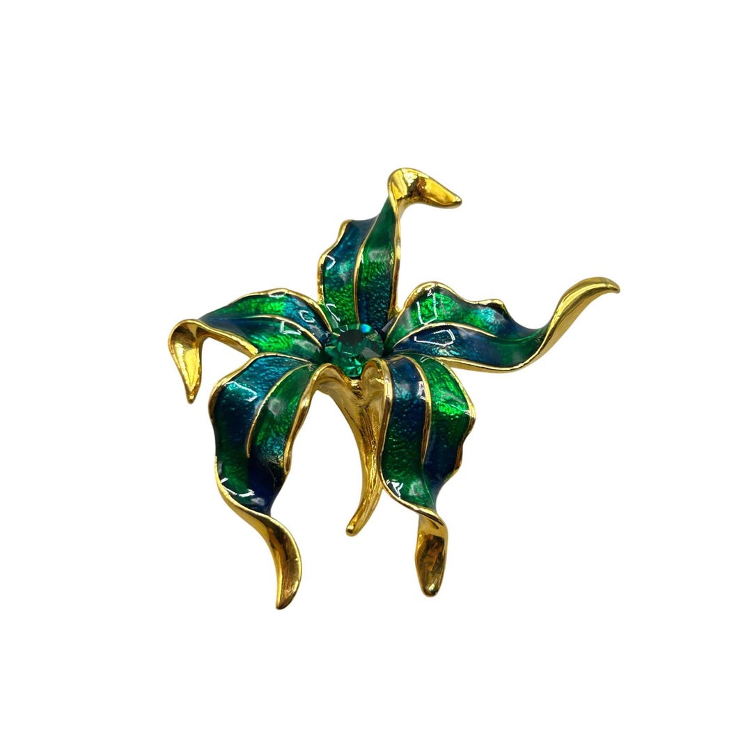 Vintage Lily Flower Pin Brooch Emerald Green Enamel and Rhinestone ...