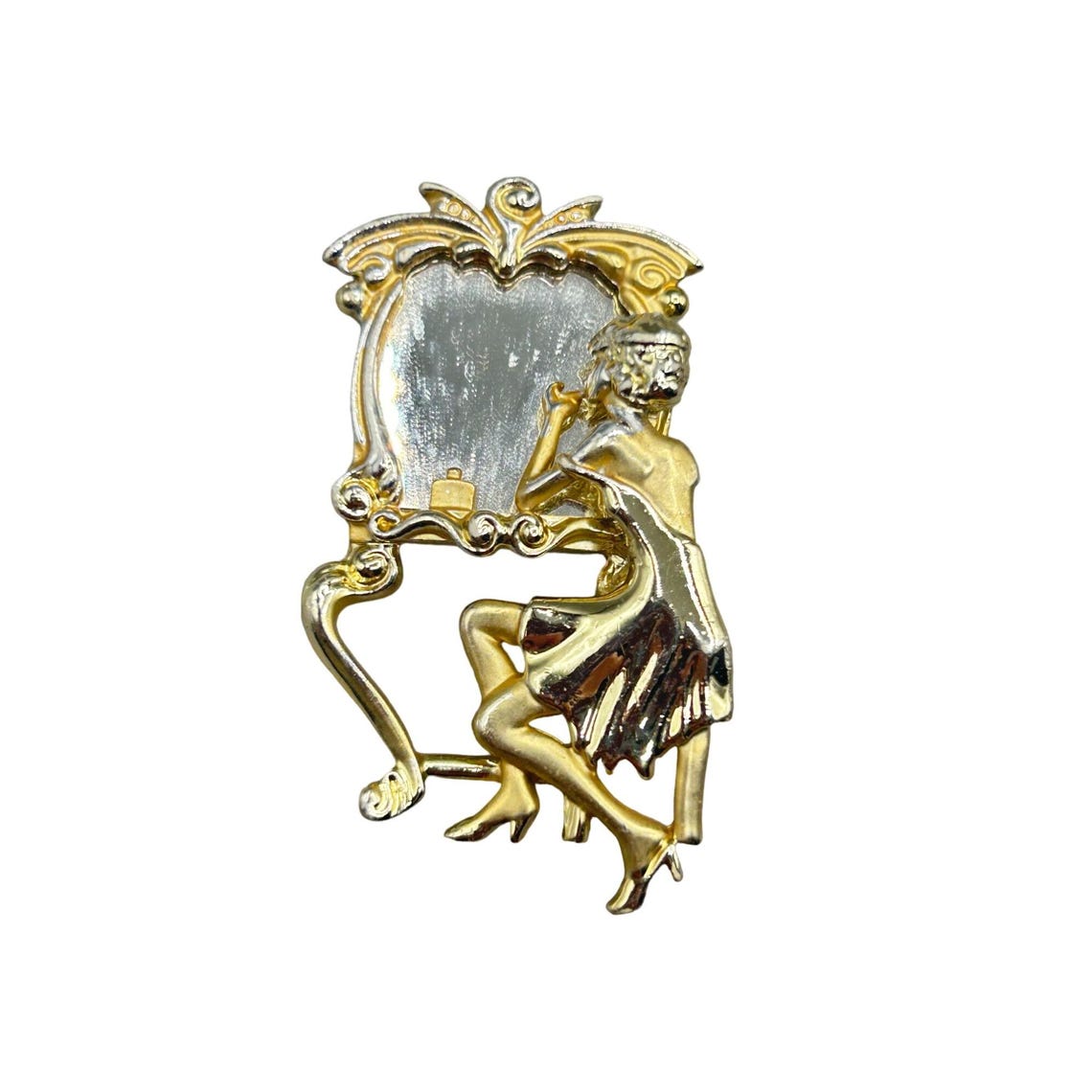 Vintage Lady W Vanity Mirror Pin Brooch AJC Matte Gold Tone Fun Costume ...