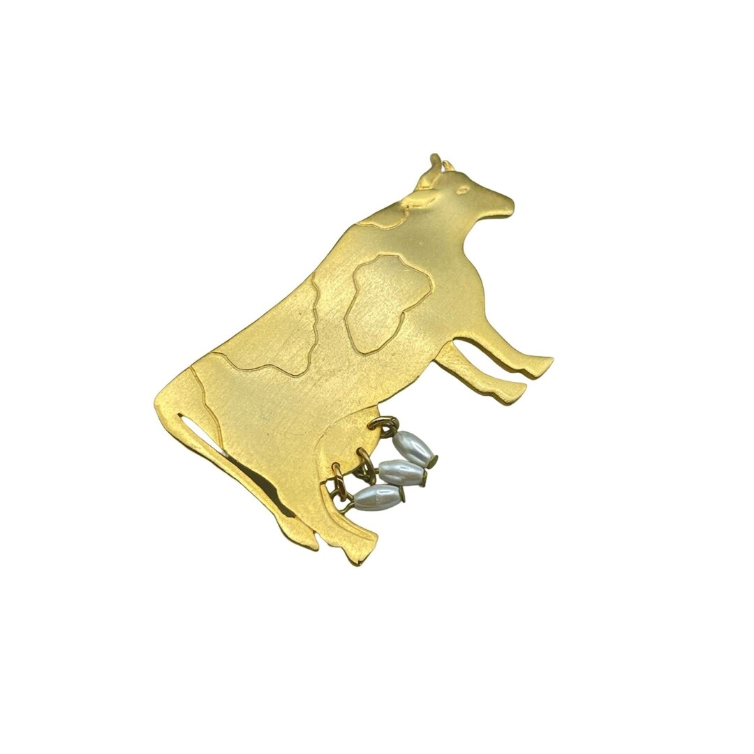 Vintage JJ Cow Pin Brooch With Pearls Dangles Matte Gold Tone Animal ...